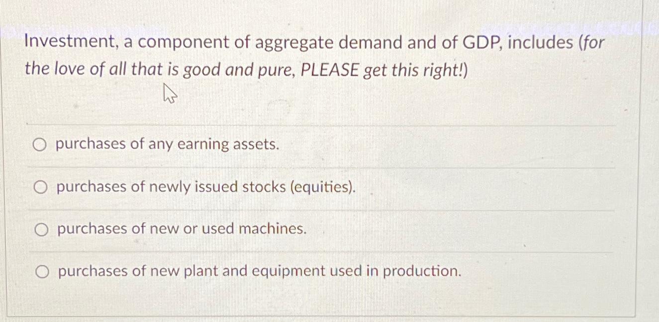 Solved Investment, a component of aggregate demand and of | Chegg.com