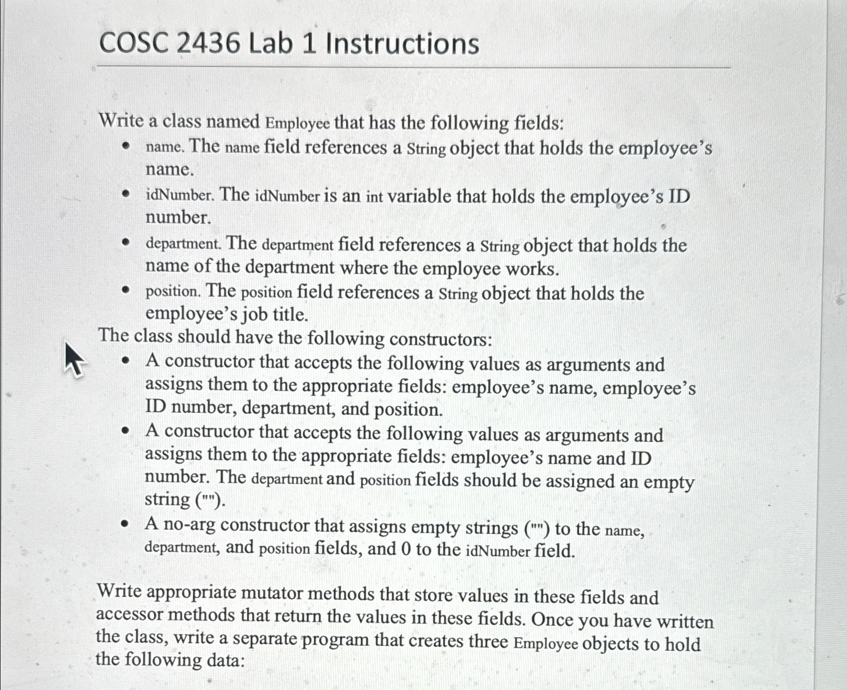 Solved Cosc 2436 ﻿lab 1 ﻿instructionswrite A Class Named