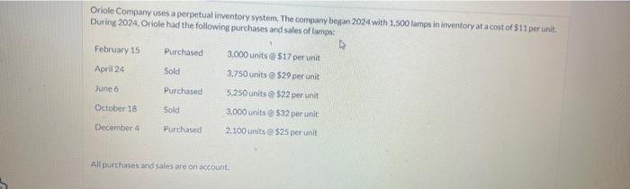 Solved Oriole Company uses a perpetual inventory system. The | Chegg.com