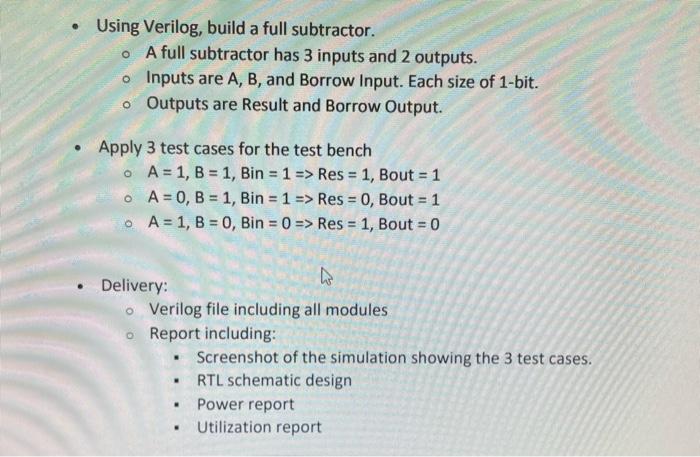 Solved . a Using Verilog, build a full subtractor. o A full | Chegg.com