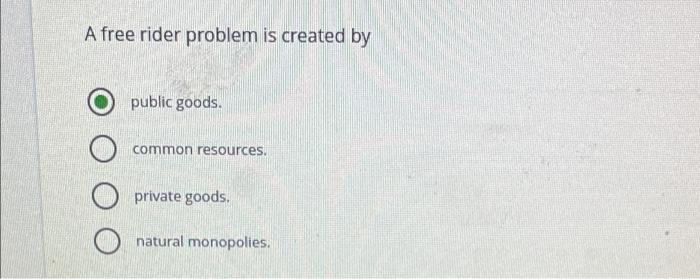 Solved A free rider problem is created by public goods. | Chegg.com