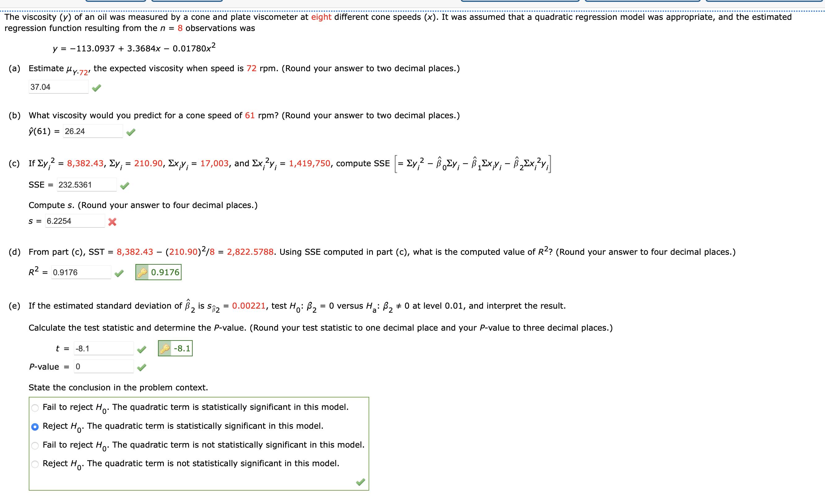 Solved The viscosity ( y ) ﻿of an oil was measured by a cone | Chegg.com