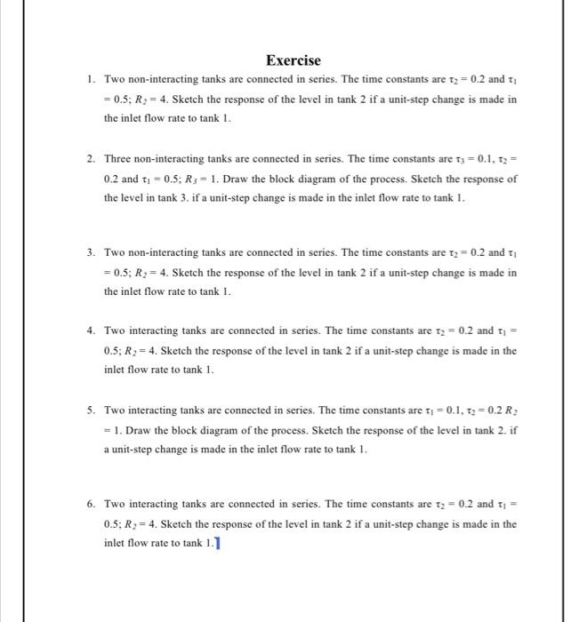 Solved Exercise 1. Two non-interacting tanks are connected | Chegg.com