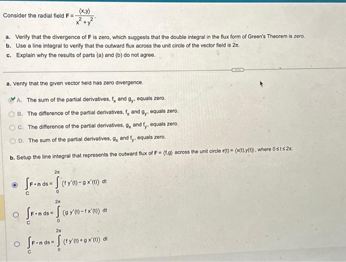 Solved Consider the radial field F=x2+y2 x,y . a. Verify | Chegg.com
