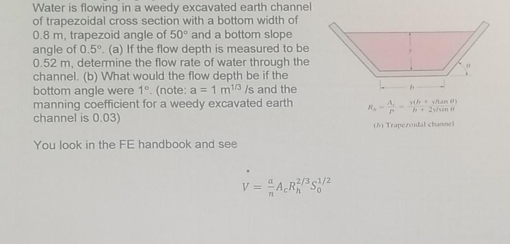 Solved Water is flowing in a weedy excavated earth channel | Chegg.com