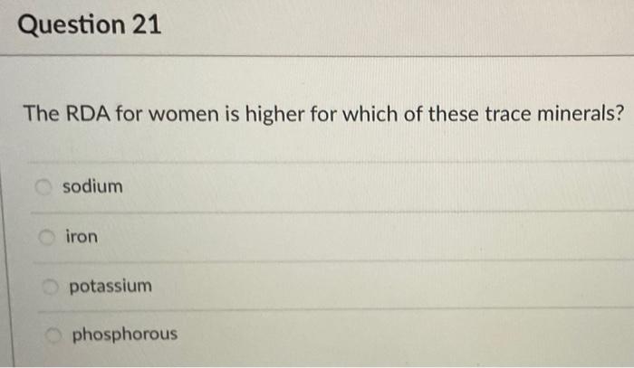 Solved The RDA for women is higher for which of these trace | Chegg.com