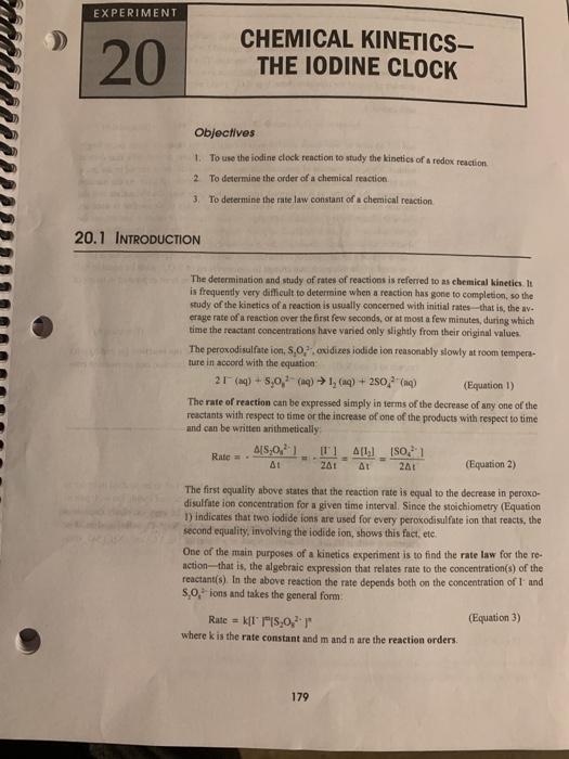 EXPERIMENT 20 CHEMICAL KINETICS- THE IODINE CLOCK | Chegg.com