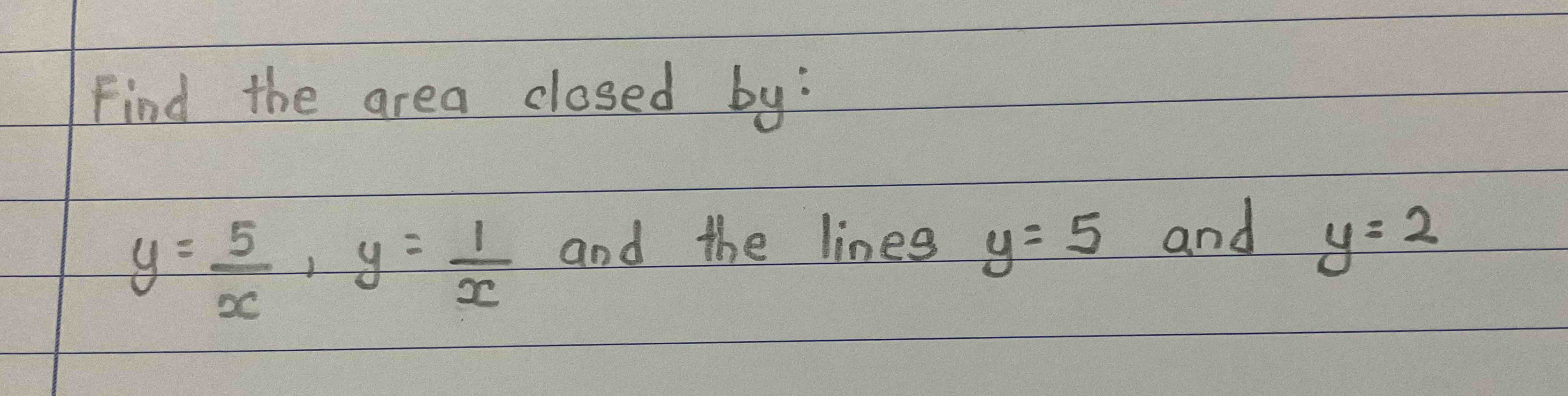 Solved Find the area closed by:y=5x,y=1x ﻿and the lines y=5 | Chegg.com