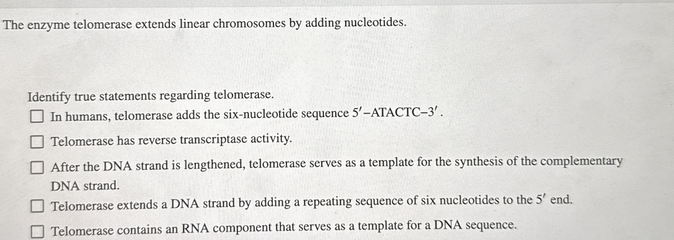 Solved The enzyme telomerase extends linear chromosomes by | Chegg.com
