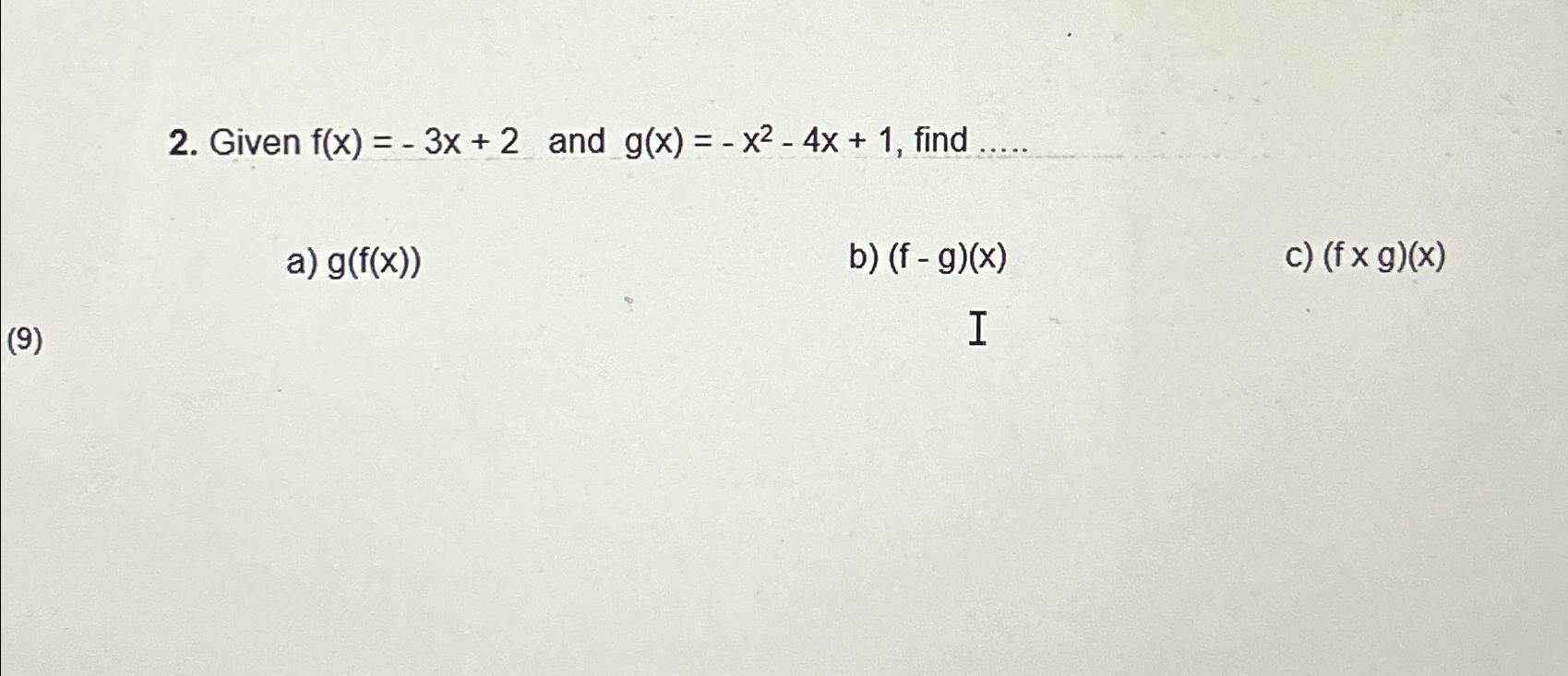 Given f(x)=-3x+2 ﻿and g(x)=-x2-4x+1, | Chegg.com