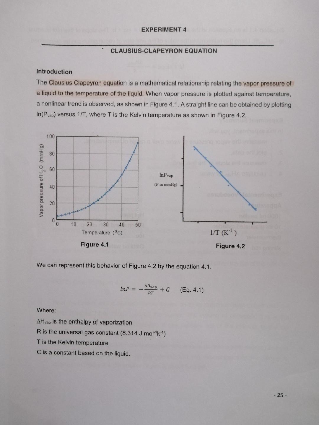 EXPERIMENT 4 CLAUSIUS-CLAPEYRON EQUATION Introduction | Chegg.com
