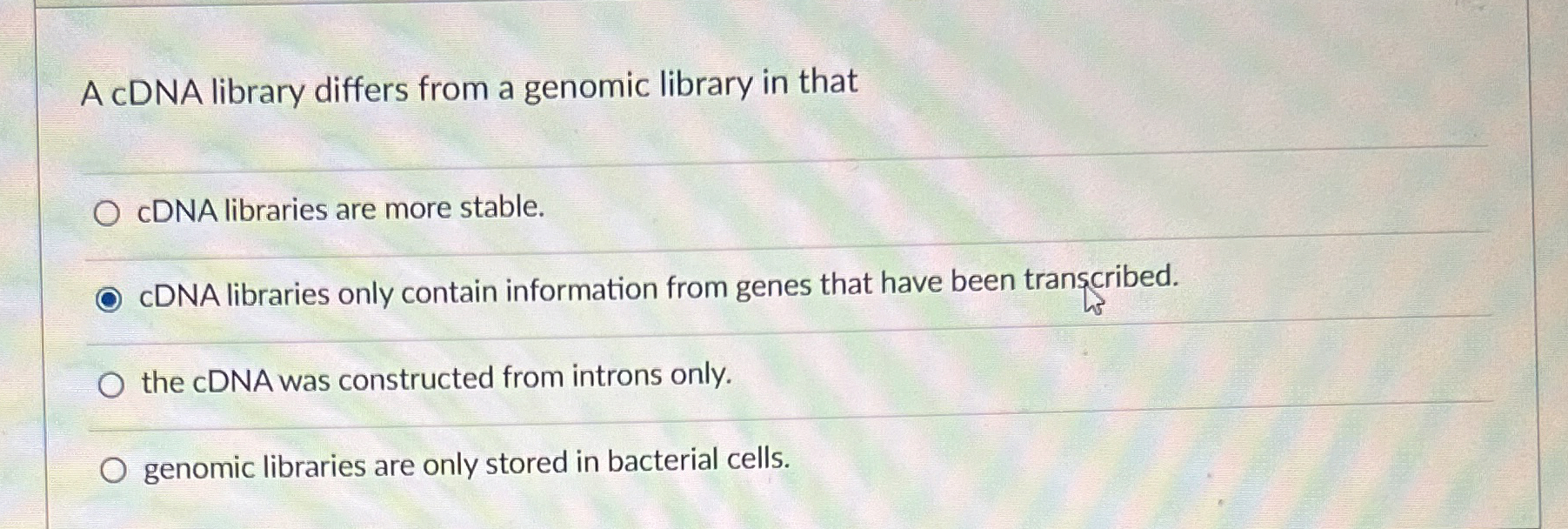 Solved A cDNA library differs from a genomic library in | Chegg.com