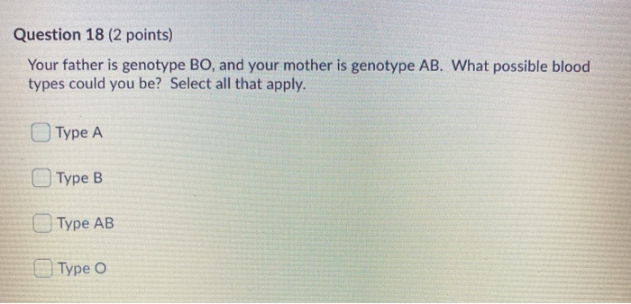 Solved Question 18 (2 points) Your father is genotype BO, | Chegg.com