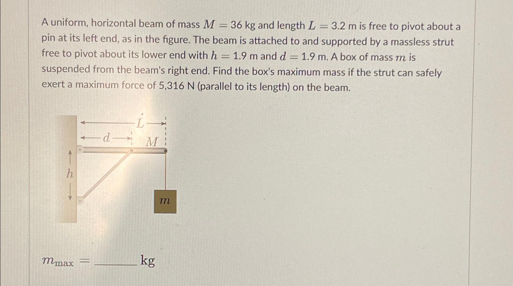 Solved A uniform, horizontal beam of mass M=36kg ﻿and length | Chegg.com