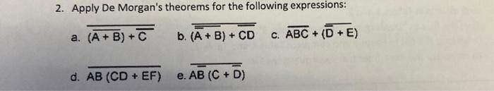 Solved 2. Apply De Morgan's theorems for the following | Chegg.com