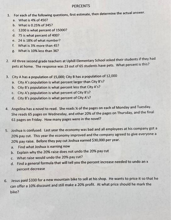 Solved PERCENTS 1. For each of the following questions, | Chegg.com