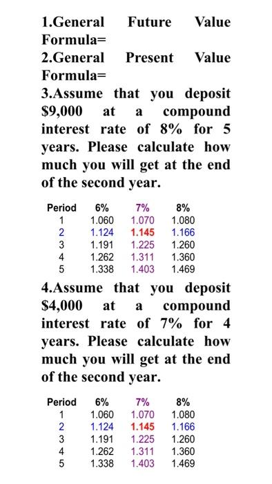 Solved 1.General Future Value Formula= 2.General Present | Chegg.com