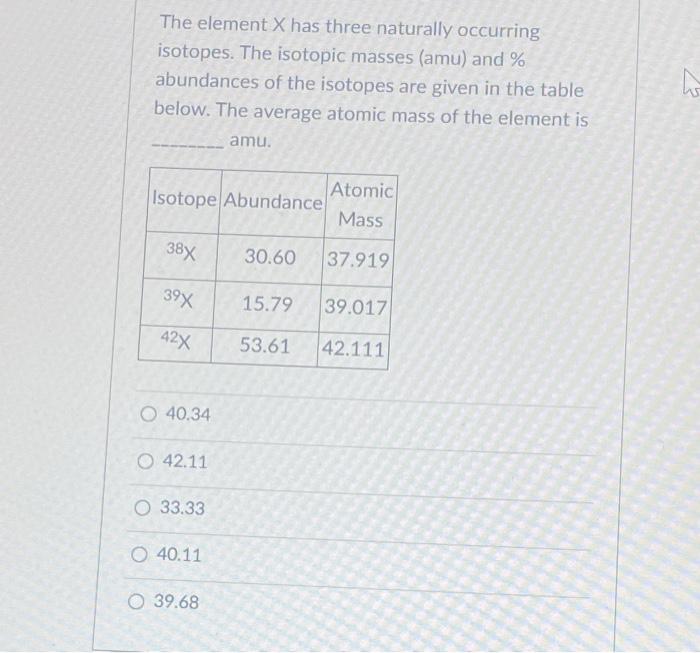 Solved The element X has three naturally occurring isotopes. | Chegg.com