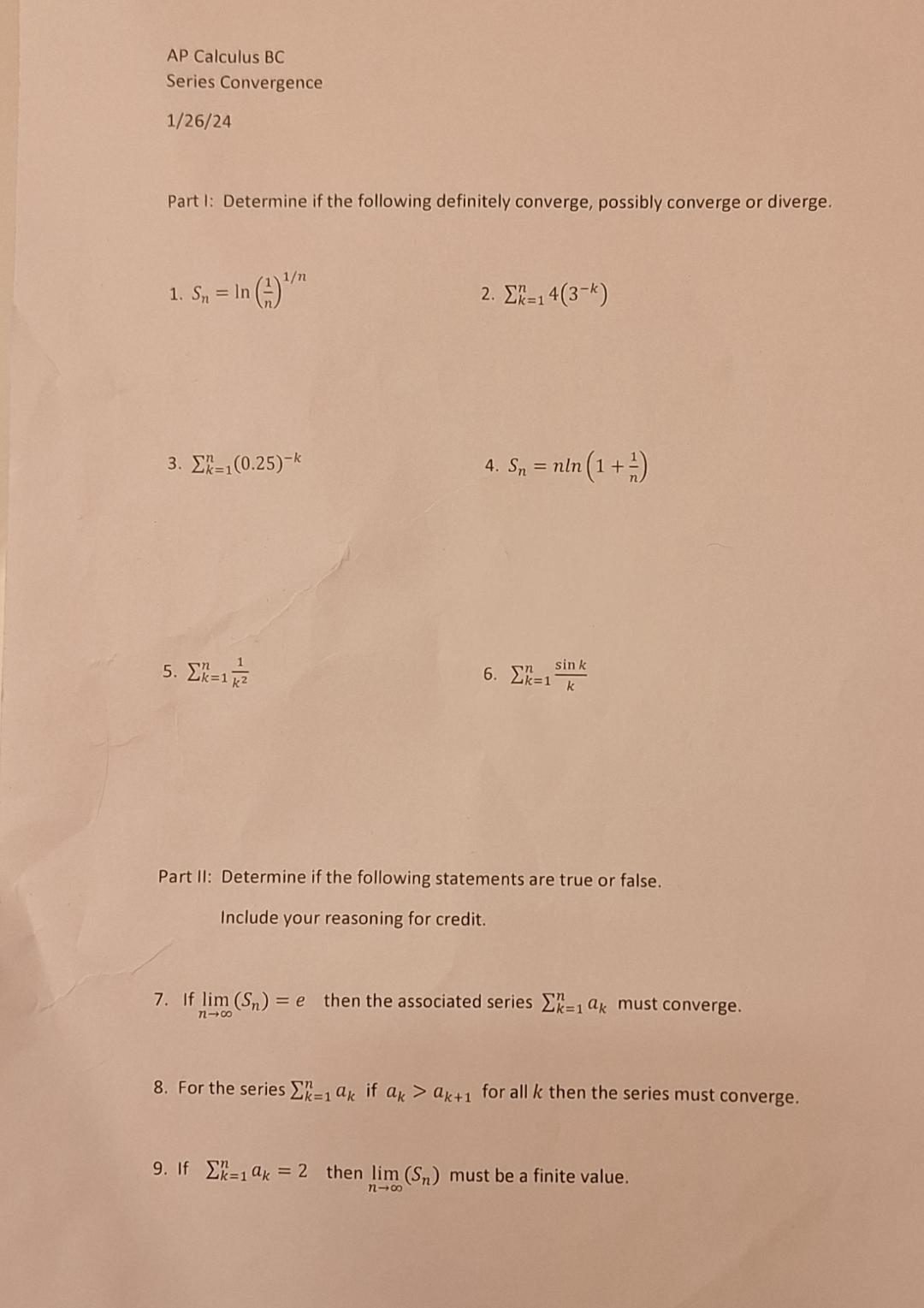 Solved AP Calculus BCSeries Convergence126?24Part I: | Chegg.com