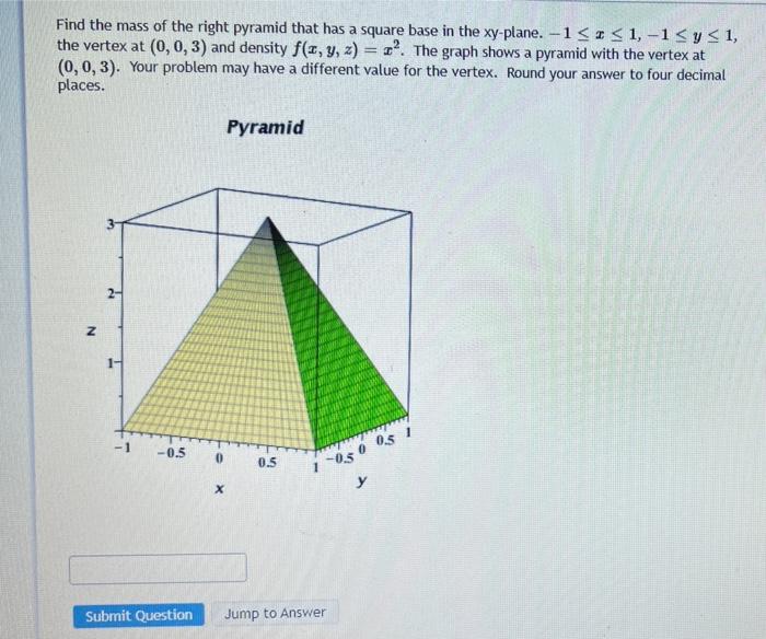 Solved Find the mass of the right pyramid that has a square | Chegg.com