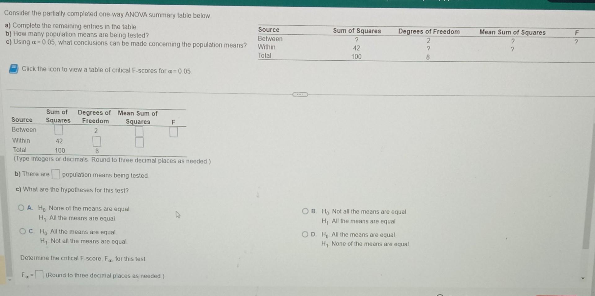 Solved Consider the partially completed one-way ANOVA | Chegg.com