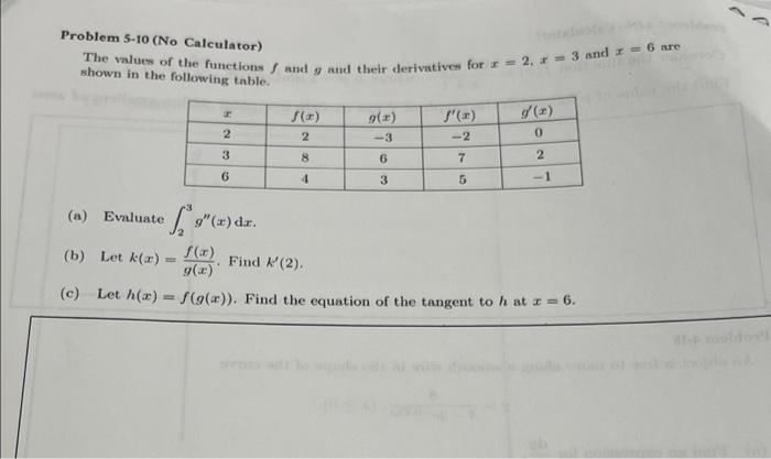 Solved Problem 5-10 (No Calculator) The values of the | Chegg.com