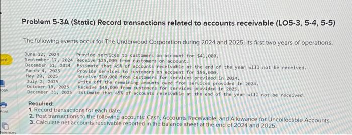 Solved Problem 5-3A (Static) Record transactions related to | Chegg.com