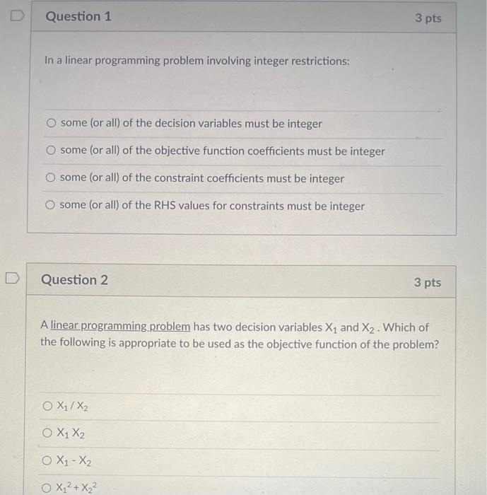 Solved D Question 1 3 pts In a linear programming problem | Chegg.com