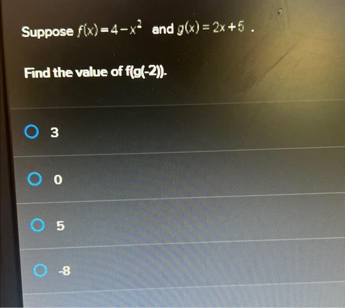 Solved Suppose f(x)=4−x2 and g(x)=2x+5. Find the value of | Chegg.com