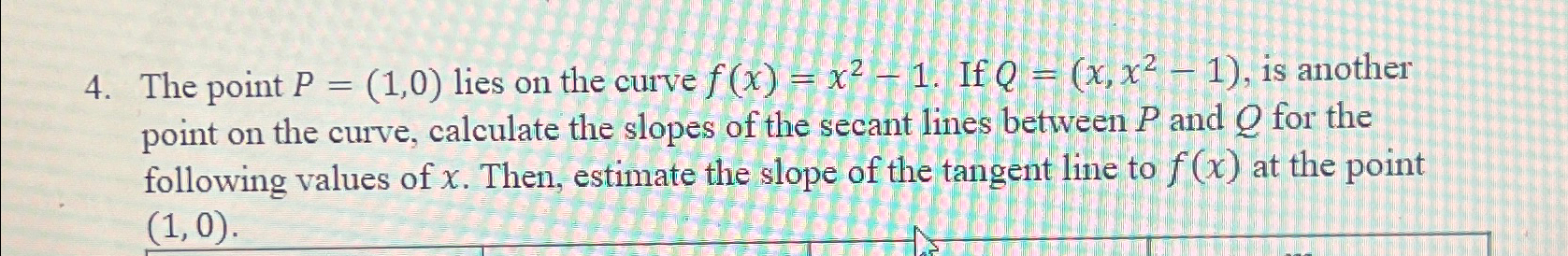 Solved The point P=(1,0) ﻿lies on the curve f(x)=x2-1. ﻿If | Chegg.com