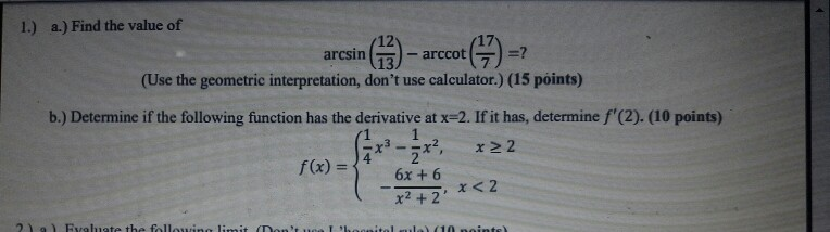 Solved 1.) a.) Find the value of (3) - arccot (3) arcsin | Chegg.com