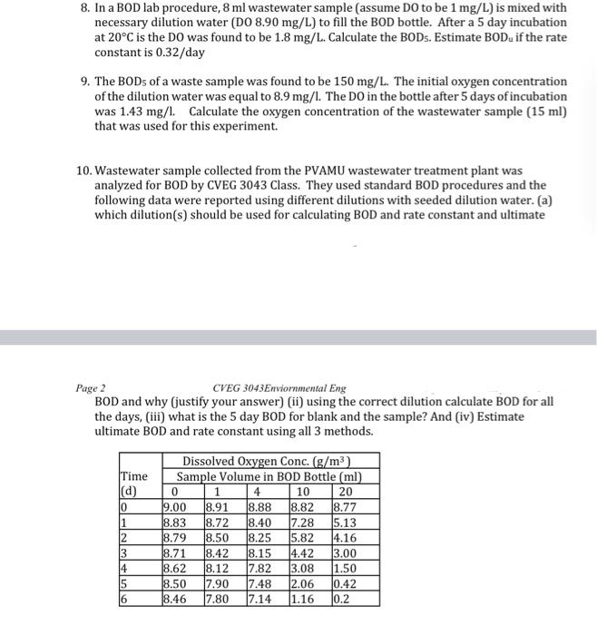 8. In a BOD lab procedure, 8 ml wastewater sample | Chegg.com
