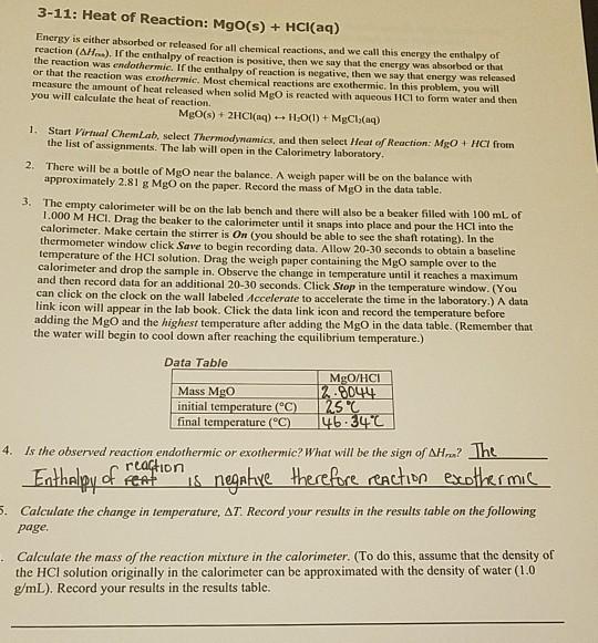 Solved 3-11: Heat of Reaction: Mgo(s) + HCl(aq) Energy is | Chegg.com