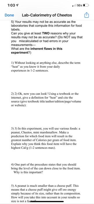Solved 1:03 al 5GE Done Lab-Calorimetry of Cheetos Data: If | Chegg.com