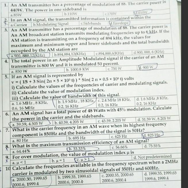 Solved 1. An AM transmitter has a percentage of modulation | Chegg.com