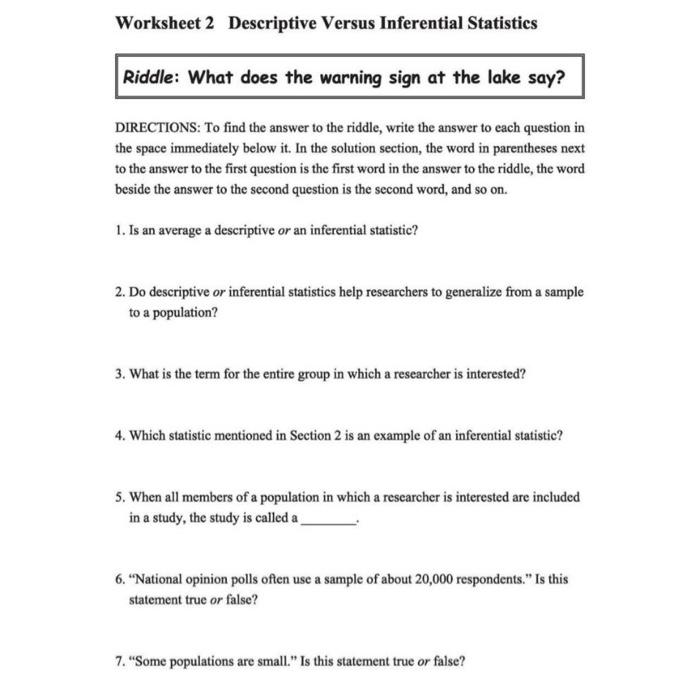 Solved Worksheet 2 Descriptive Versus Inferential Statistics Chegg