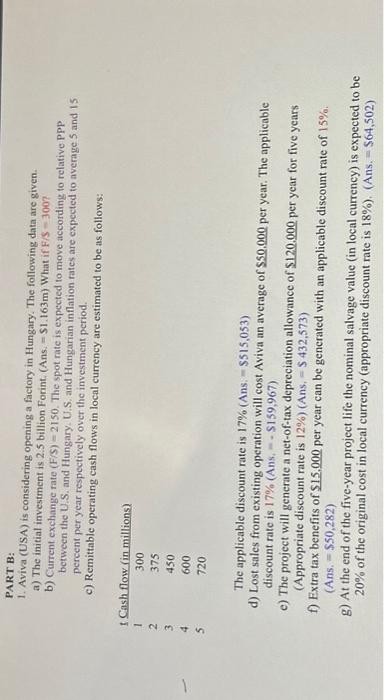 Solved PART B: 1. Aviva (USA) is considering opening a | Chegg.com