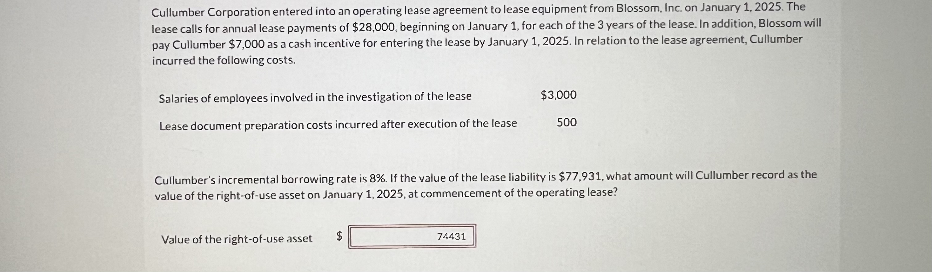 Solved Cullumber Corporation entered into an operating lease | Chegg.com