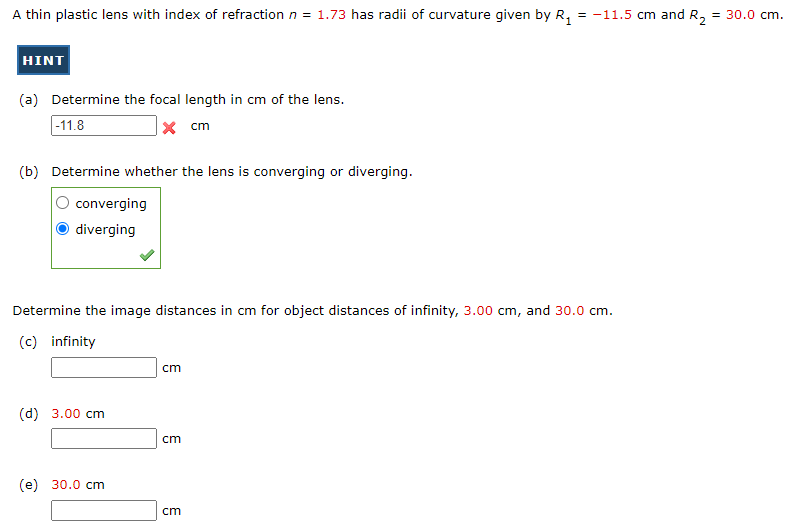 Solved A thin plastic lens with index of refraction n=1.73 | Chegg.com