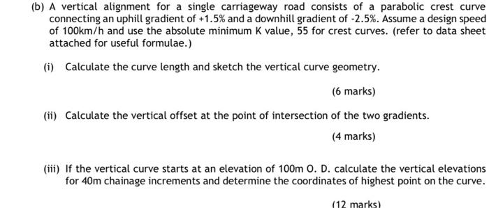Solved (b) A vertical alignment for a single carriageway | Chegg.com