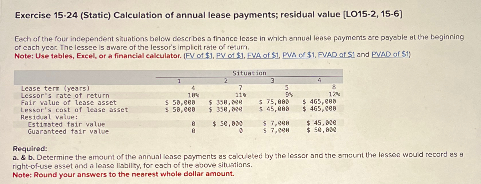 Solved Exercise 15-24 (Static) ﻿Calculation of annual lease | Chegg.com