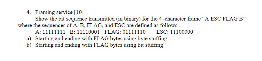 4. Framing service [10] Show the bit sequence | Chegg.com