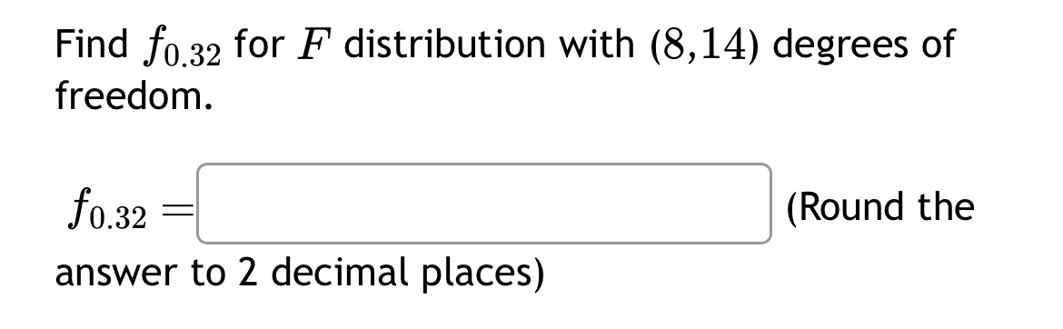 Solved Find f0.32 ﻿for F ﻿distribution with (8,14) ﻿degrees | Chegg.com