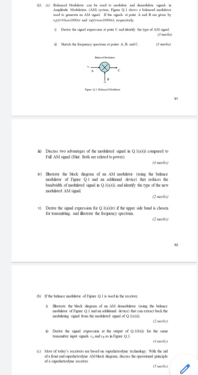 Solved Q1. (a) Balanced Modulator can be used to modulate | Chegg.com