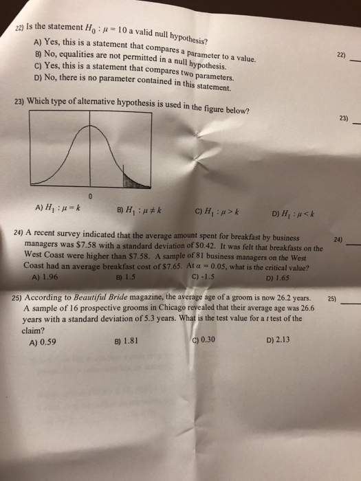 Solved , Is the statement Hoiu 10 a valid null hypothesis A) | Chegg.com