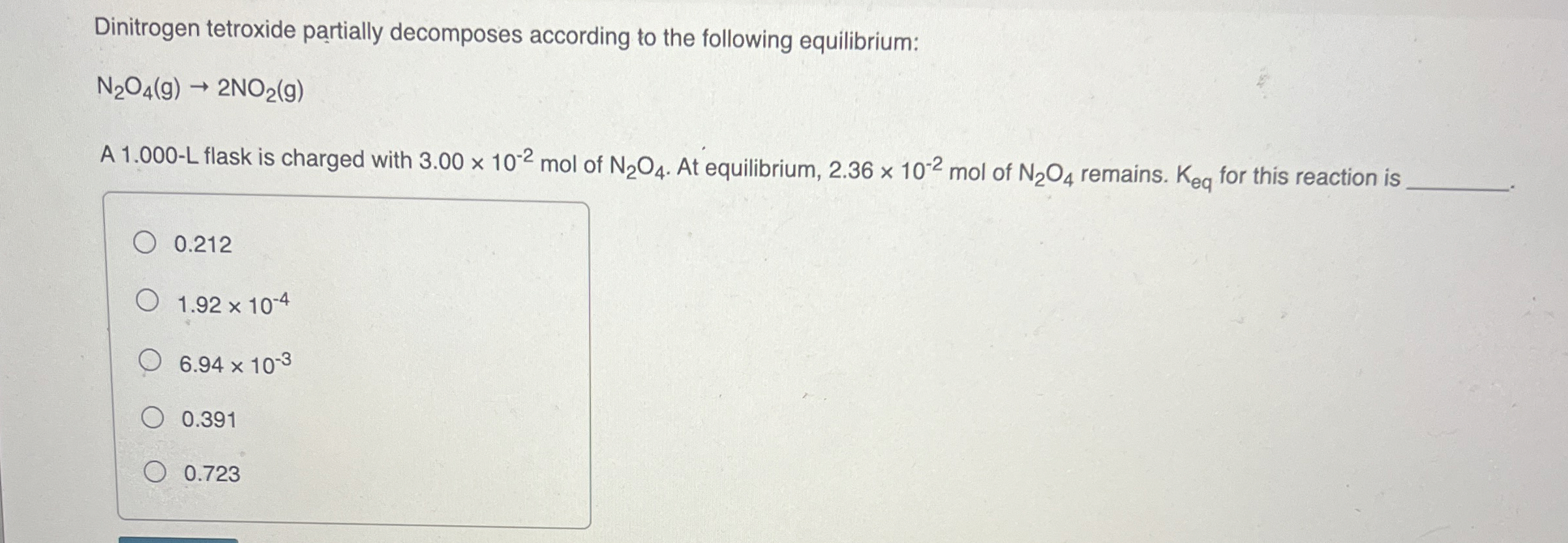 Solved Dinitrogen tetroxide partially decomposes according | Chegg.com