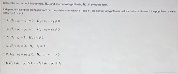 Solved Select the correct null hypothesis, Ho, and | Chegg.com