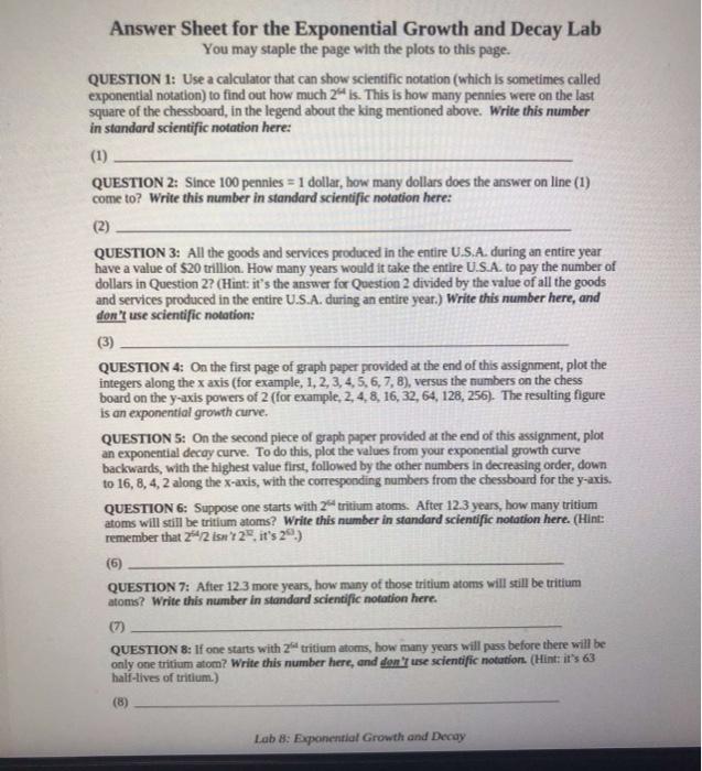 Solved Answer Sheet for the Exponential Growth and Decay Lab | Chegg.com