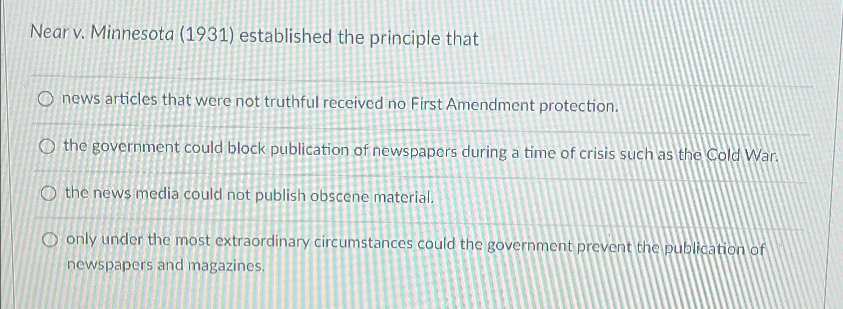 Solved Near v. ﻿Minnesota (1931) ﻿established the principle | Chegg.com