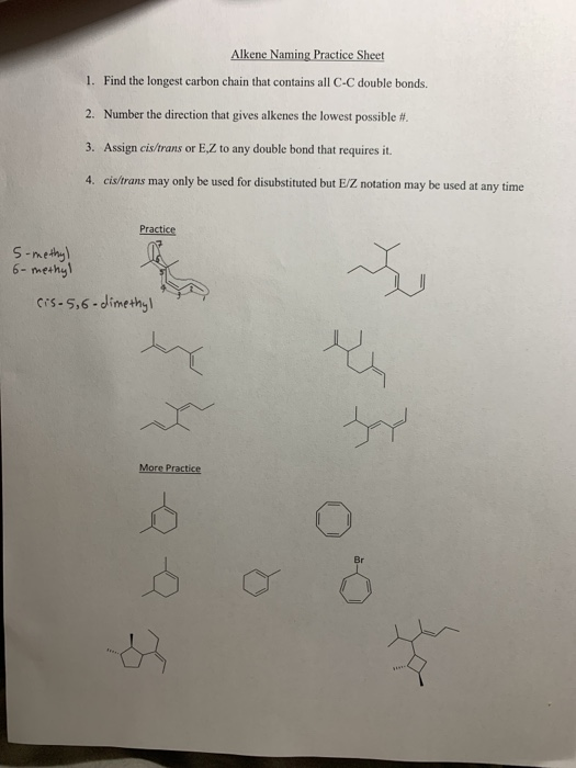 Solved Alkene Naming Practice Sheet 1. Find the longest | Chegg.com